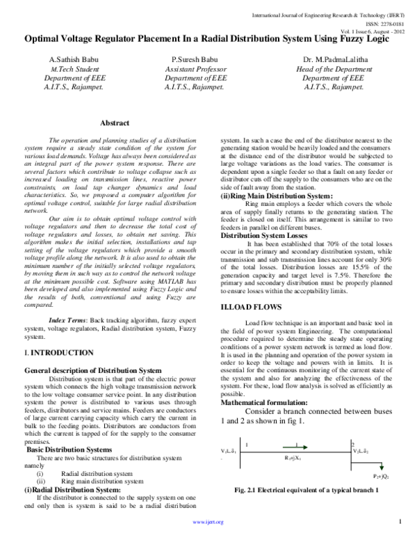 Pdf Ijert Optimal Voltage Regulator Placement In A Radial Distribution System Using Fuzzy Logic