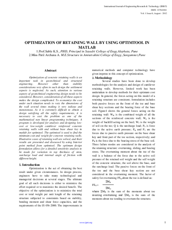 Pdf Ijert Optimization Of Retaining Wall By Using Optimtool In Matlab