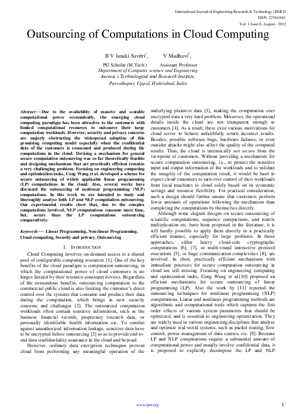 (PDF) IJERT-Outsourcing of Computations in Cloud Computing