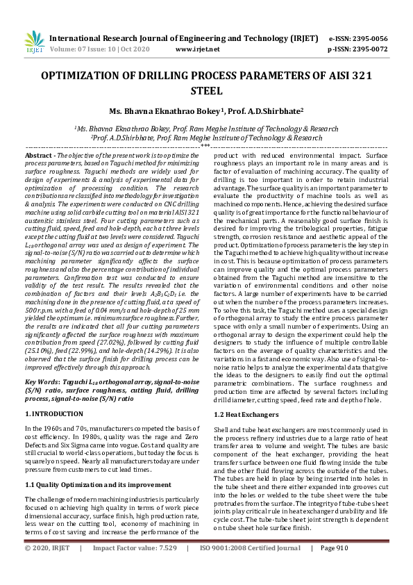 (PDF) IRJET- OPTIMIZATION OF DRILLING PROCESS PARAMETERS OF AISI 321 STEEL