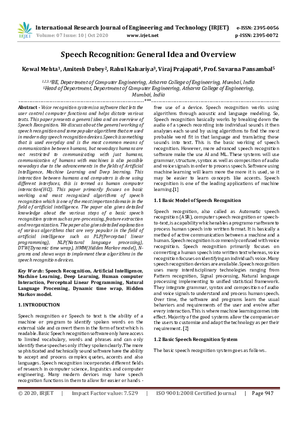Pdf Irjet Speech Recognition General Idea And Overview