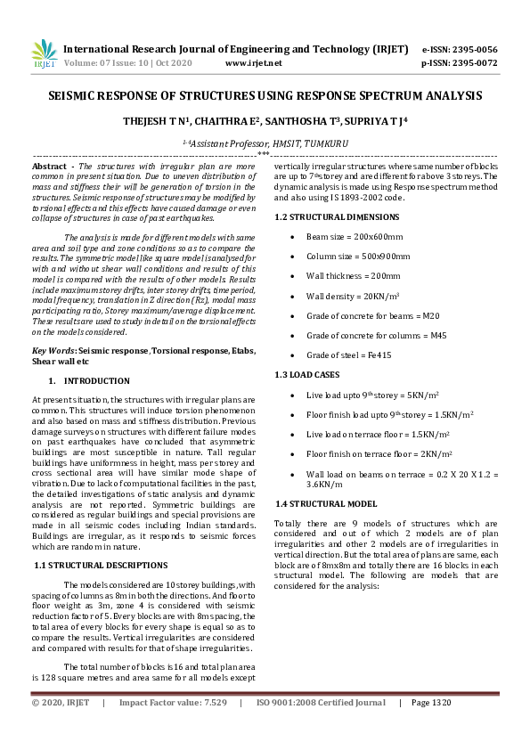 Pdf Irjet Seismic Response Of Structures Using Response Spectrum Analysis