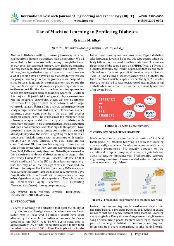 Pdf Irjet Use Of Machine Learning In Predicting Diabetes