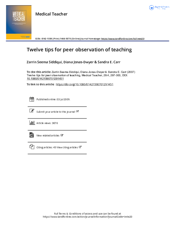 (PDF) Medical Teacher Twelve tips for peer observation of teaching