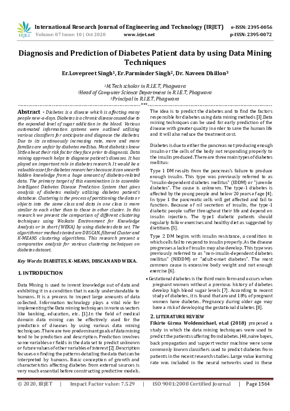 (PDF) IRJET- Diagnosis and Prediction of Diabetes Patient data by using ...