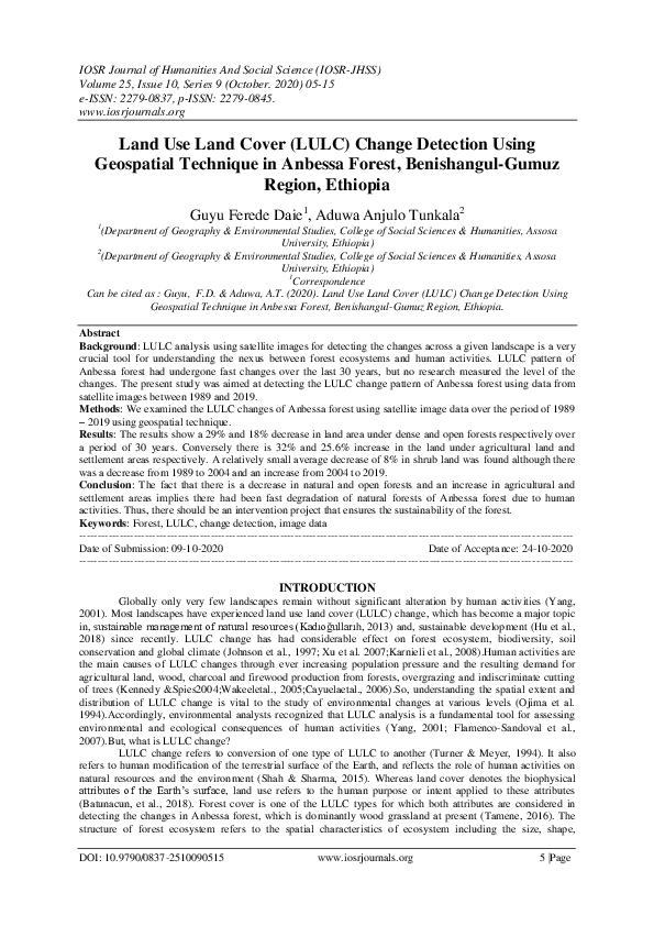 (PDF) Land Use Land Cover (LULC) Change Detection Using Geospatial Technique in Anbessa Forest ...