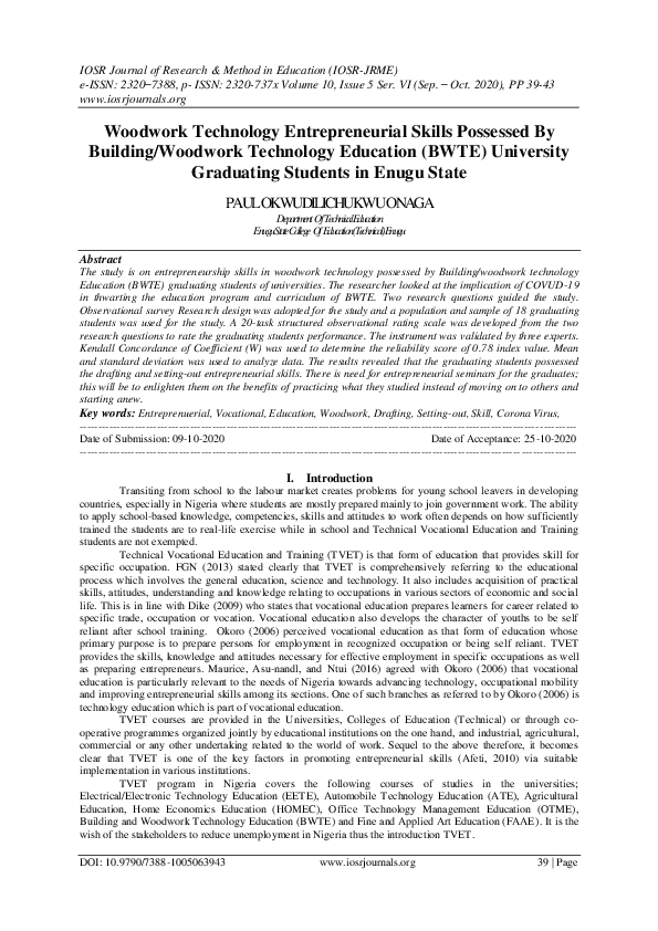 (PDF) Woodwork Technology Entrepreneurial Skills Possessed By Building ...