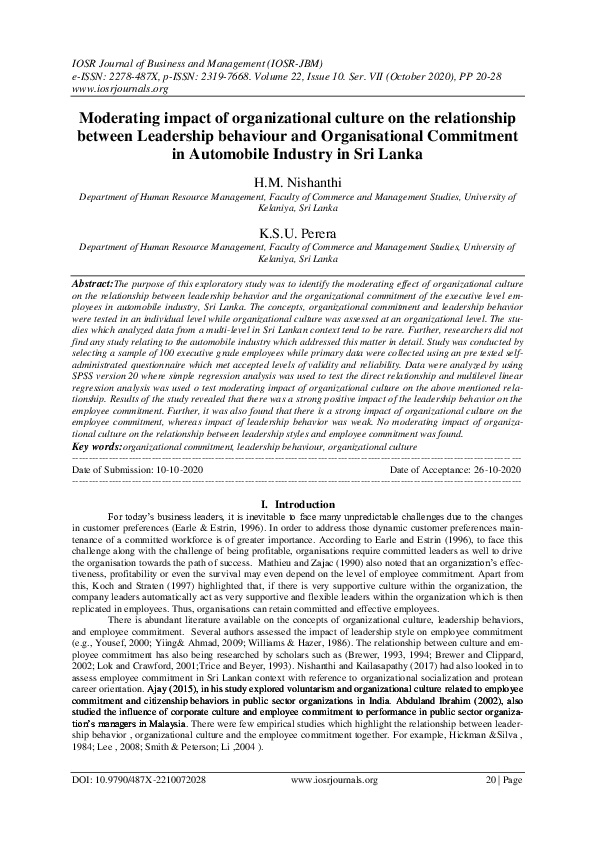 (PDF) Moderating impact of organizational culture on the relationship between Leadership ...