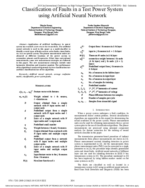 Classification Of Faults In A Test Power System Using Artificial Neural Network 
