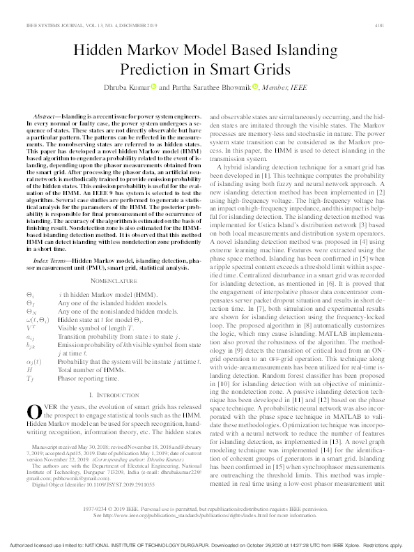 (PDF) Hidden Markov Model Based Islanding Prediction in Smart Grids