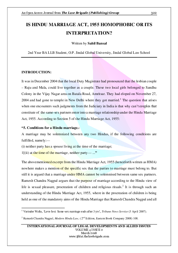 (PDF) IS HINDU MARRIAGE ACT, 1955 HOMOPHOBIC OR ITS INTERPRETATION?