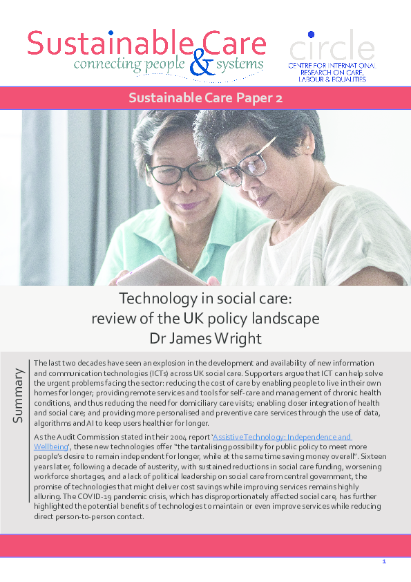 (PDF) Technology in social care: a review of the UK policy landscape