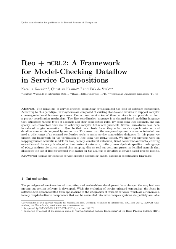 (PDF) Under consideration for publication in Formal Aspects of Computing Reo + mCRL2: A ...