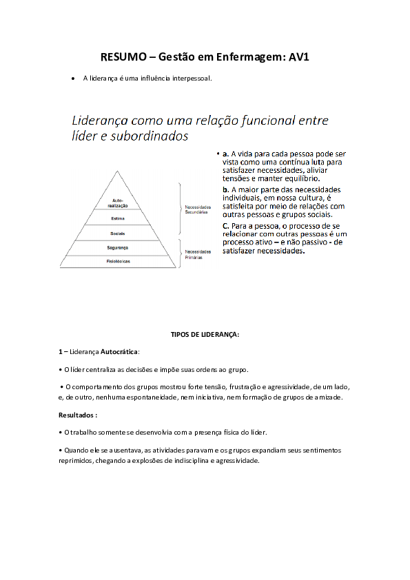 (PDF) RESUMO -Gestão em Enfermagem: AV1