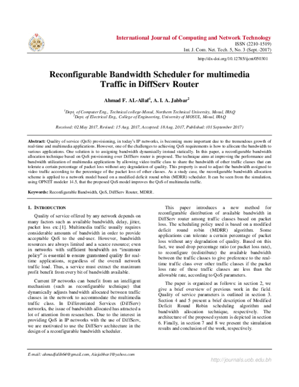 (PDF) Reconfigurable Bandwidth Scheduler for multimedia Traffic in DiffServ Router