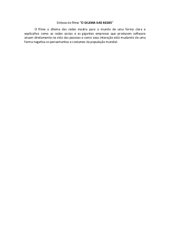 (DOC) Síntese do filme "O DILEMA DAS REDES"