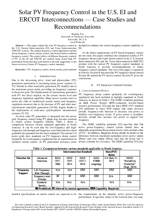(PDF) Solar PV Frequency Control in the U.S. EI and ERCOT ...