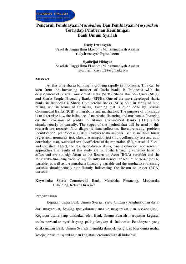 (PDF) Pengaruh Pembiayaan Murabahah Dan Pembiayaan Musyarakah Terhadap Pemberian Keuntungan Bank ...