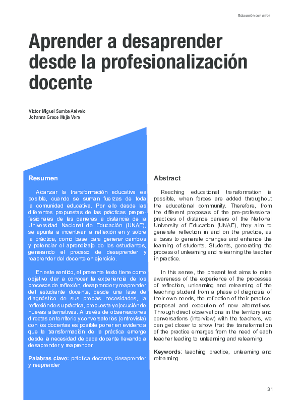 (PDF) Aprender a desaprender desde la profesionalización docente Resumen