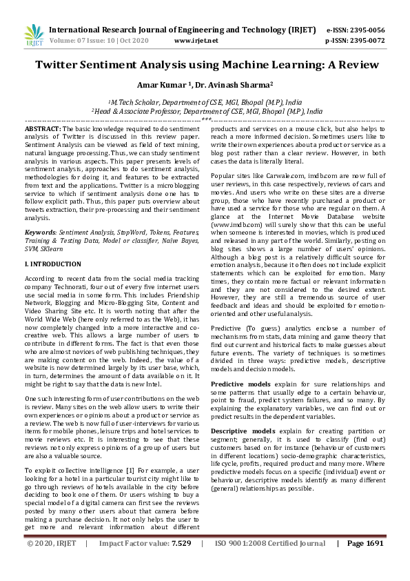 (PDF) IRJET- Twitter Sentiment Analysis using Machine Learning: A Review