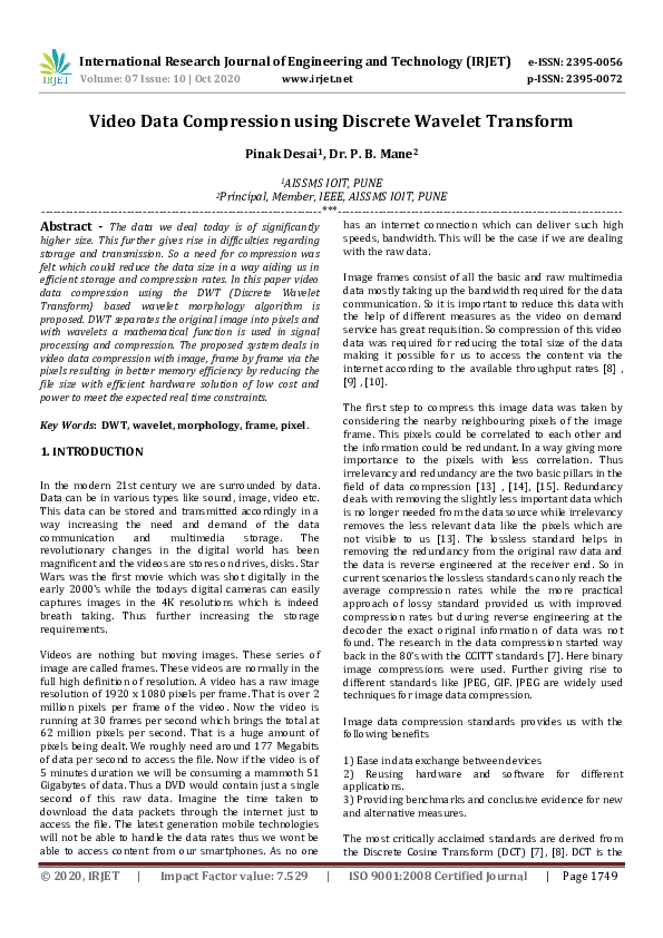 (PDF) IRJET- Video Data Compression using Discrete Wavelet Transform | IRJET Journal - Academia.edu