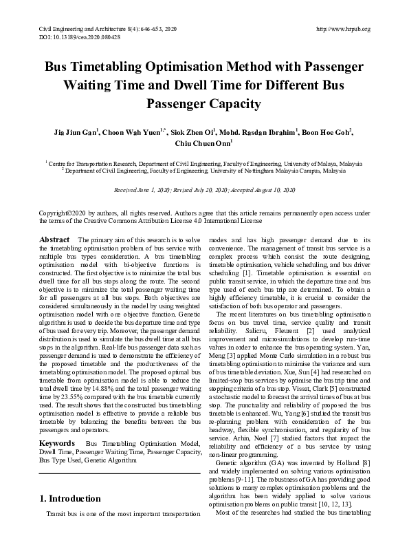 Pdf Bus Timetabling Optimisation Method With Passenger Waiting Time And Dwell Time For 