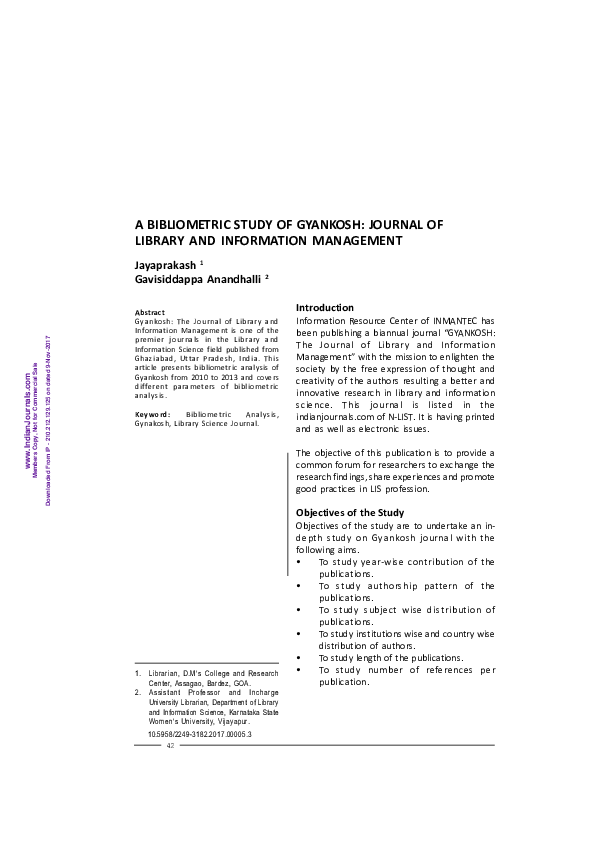 (PDF) A Bibliometric Study of Gyankosh: Journal of Library and ...
