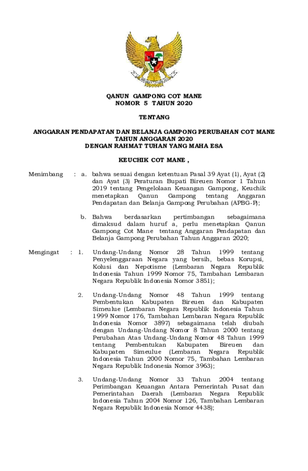 (DOC) QANUN GAMPONG COT MANE NOMOR 5 TAHUN 2020 TENTANG