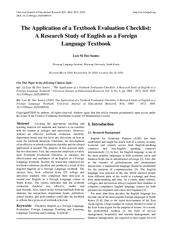 (PDF) The Application of a Textbook Evaluation Checklist: A Research Study of English as a ...