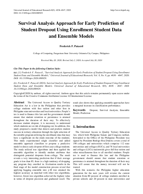 (PDF) Survival Analysis Approach for Early Prediction of Student Dropout Using Enrollment ...