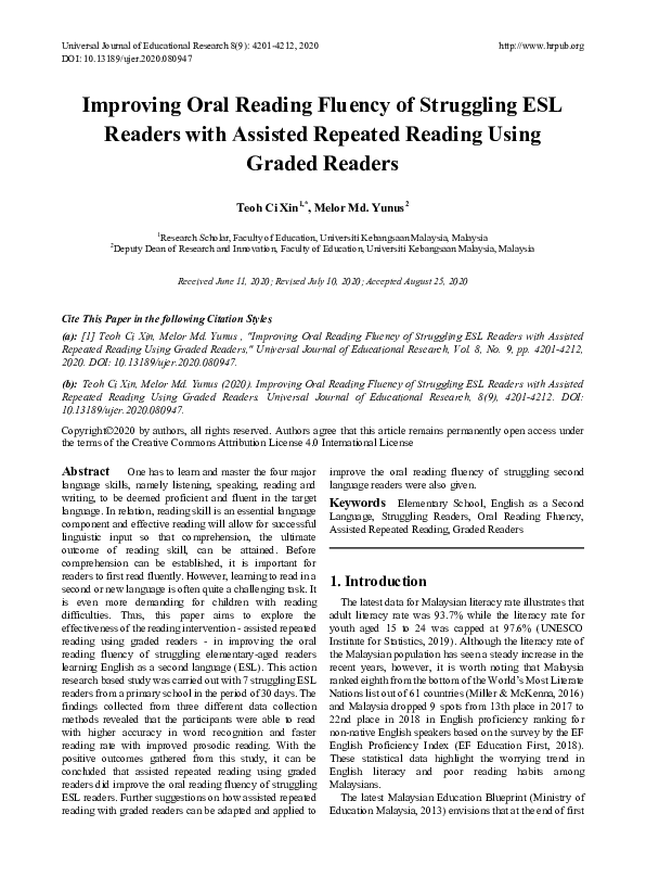 (PDF) Improving Oral Reading Fluency of Struggling ESL Readers with ...