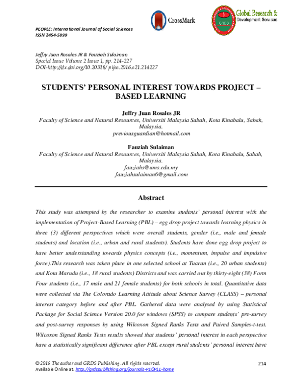 (PDF) STUDENTS' PERSONAL INTEREST TOWARDS PROJECT - BASED LEARNING