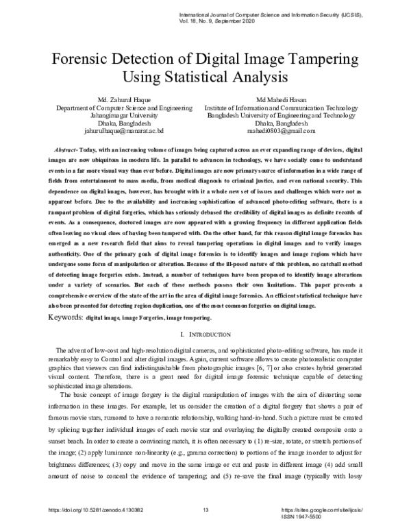 Pdf Forensic Detection Of Digital Image Tampering Using Statistical Analysis Journal Of