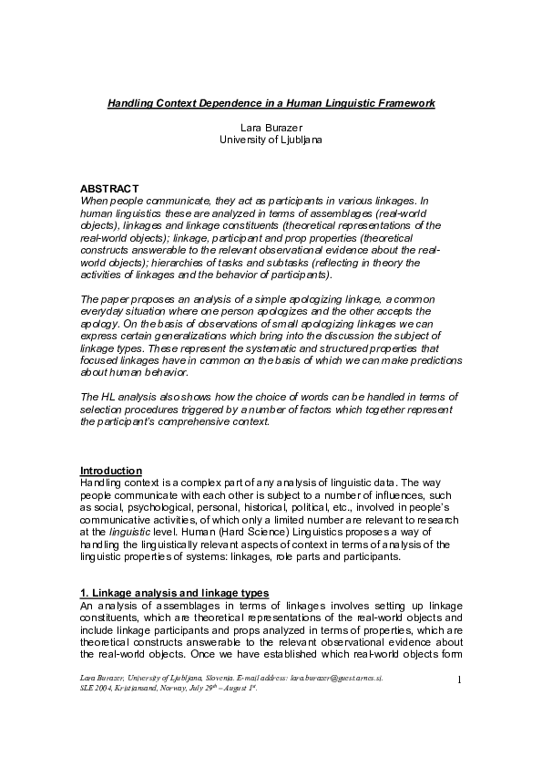 (PDF) Handling Context Dependence in a Human Linguistic Framework