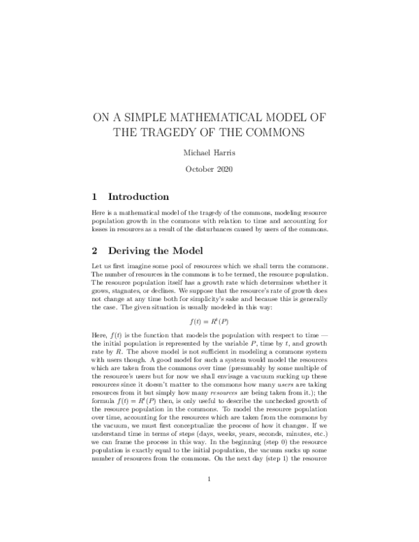 (PDF) ON A SIMPLE MATHEMATICAL MODEL OF THE TRAGEDY OF THE COMMONS
