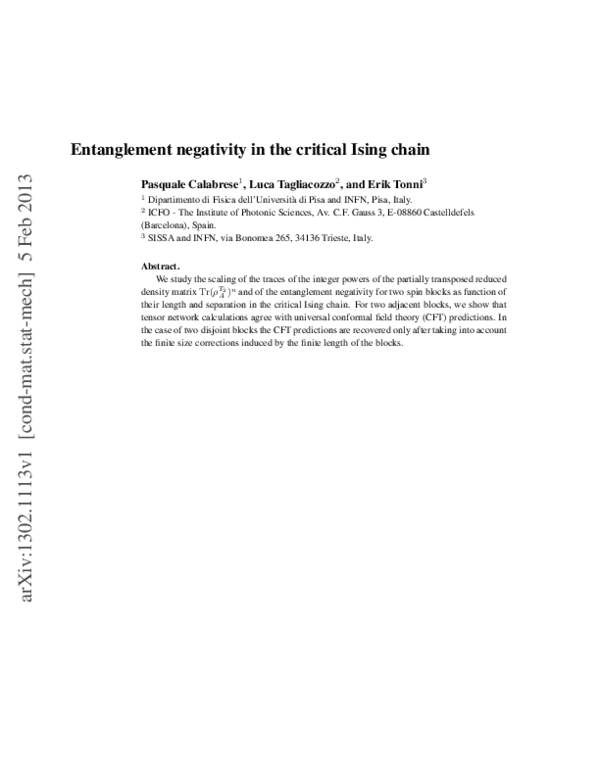 (PDF) Entanglement negativity in the critical Ising chain