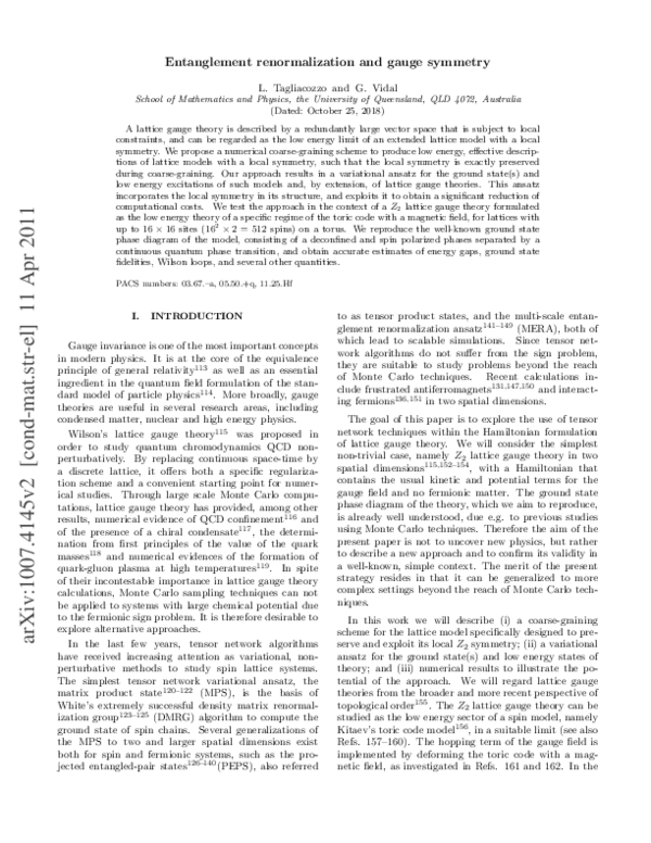 (PDF) Entanglement renormalization and gauge symmetry