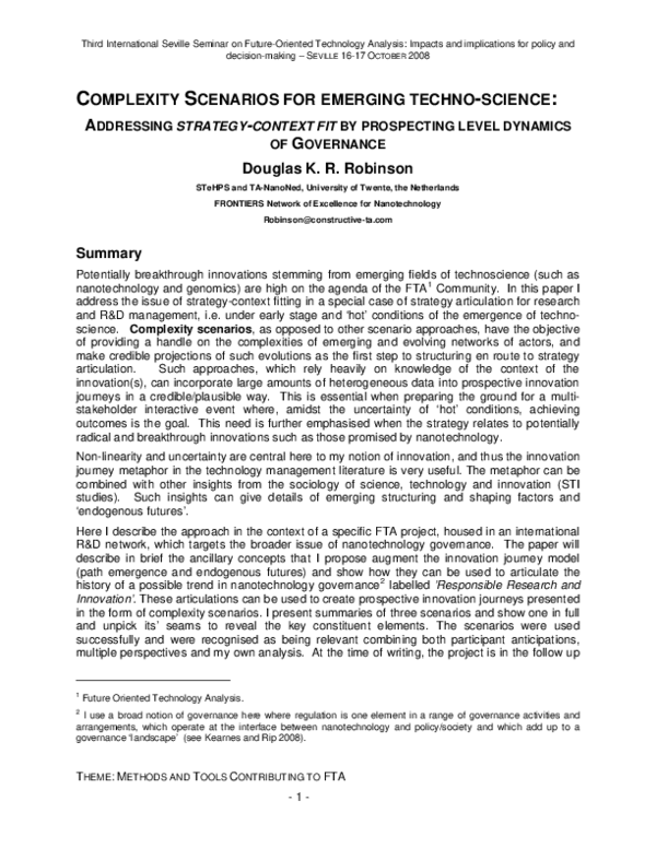 (PDF) Complexity Scenarios for Emerging Techno-Science: Addressing ...