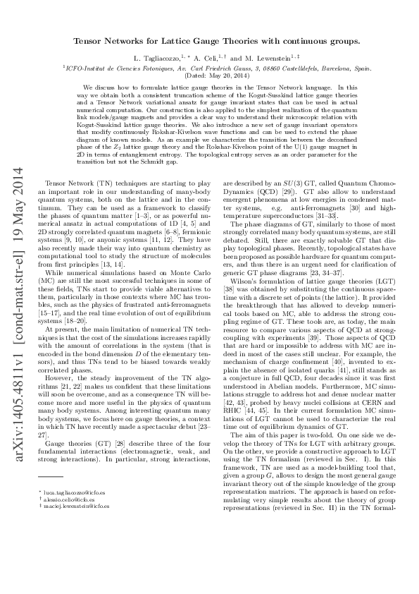 (PDF) Tensor Networks for Lattice Gauge Theories with Continuous Groups