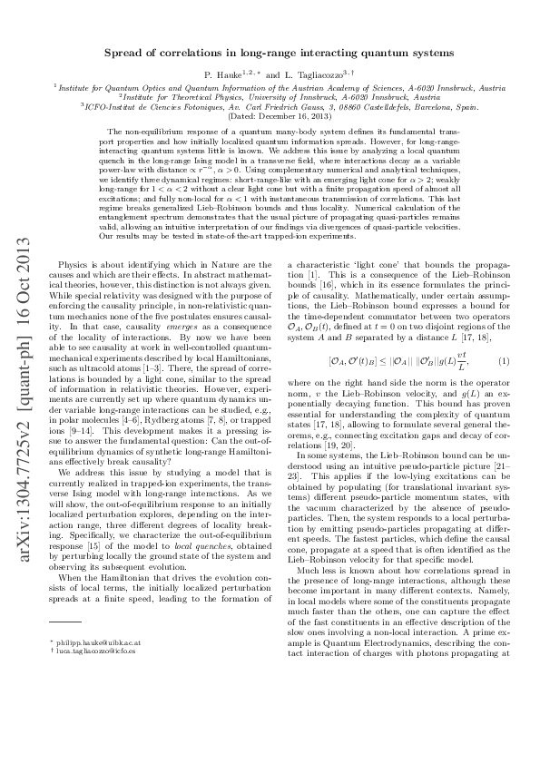 (PDF) Spread of Correlations in Long-Range Interacting Quantum Systems