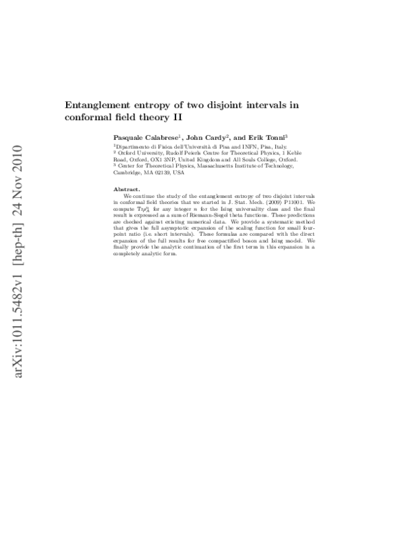 (PDF) Entanglement entropy of two disjoint intervals in conformal field ...