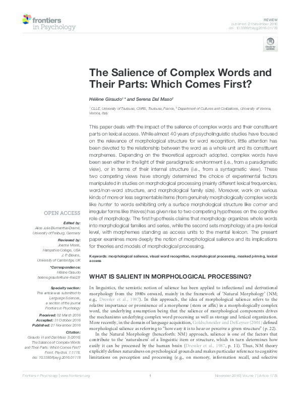 (PDF) The Salience of Complex Words and Their Parts: Which Comes First