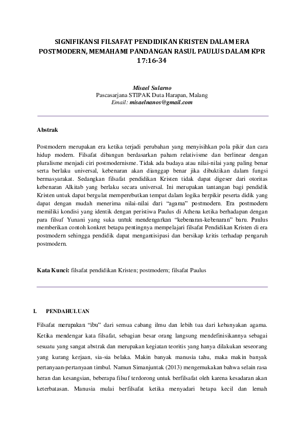 (PDF) Signifikansi Filsafat Pendidikan Kristen Dalam Era Postmodern