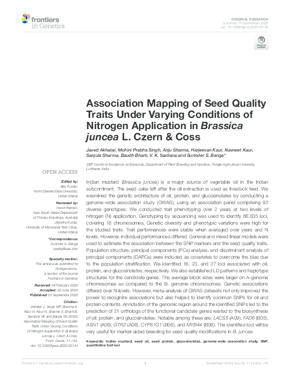 (PDF) Association Mapping of Seed Quality Traits Under Varying Conditions of Nitrogen ...