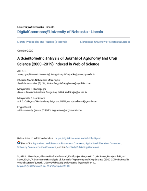 (PDF) A SCIENTOMETRIC ANALYSIS OF "JOURNAL OF AGRONOMY AND CROP SCIENCE ...
