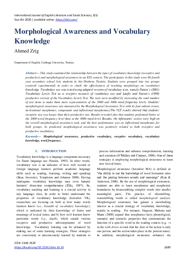 (PDF) Morphological Awareness and Vocabulary Knowledge
