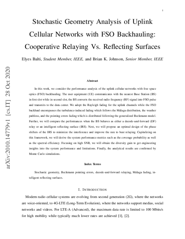 Pdf Stochastic Geometry Analysis Of Uplink Cellular Networks With Fso