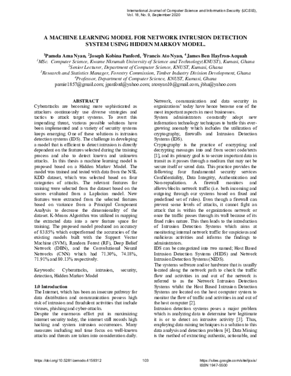 Pdf A Machine Learning Model For Network Intrusion Detection System Using Hidden Markov Model