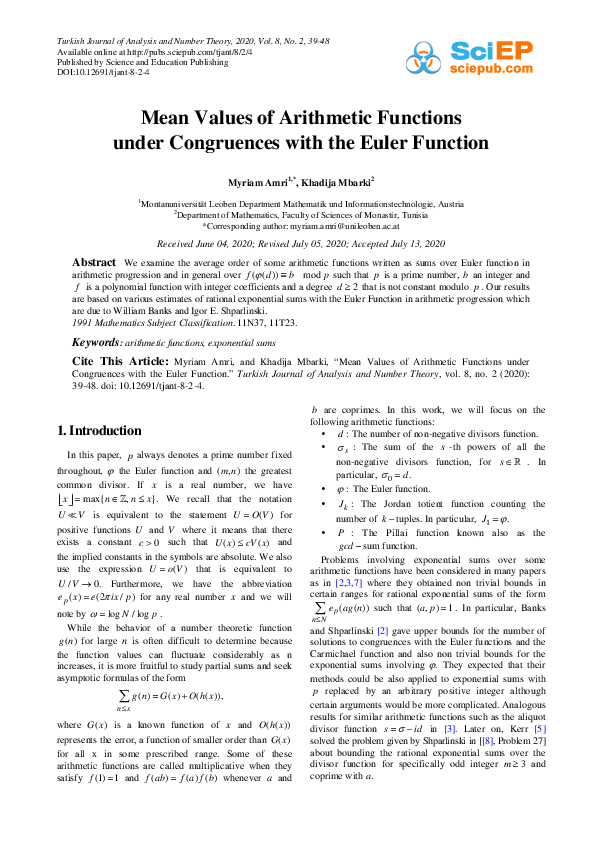 (PDF) Mean Values of Arithmetic Functions under Congruences with the Euler Function