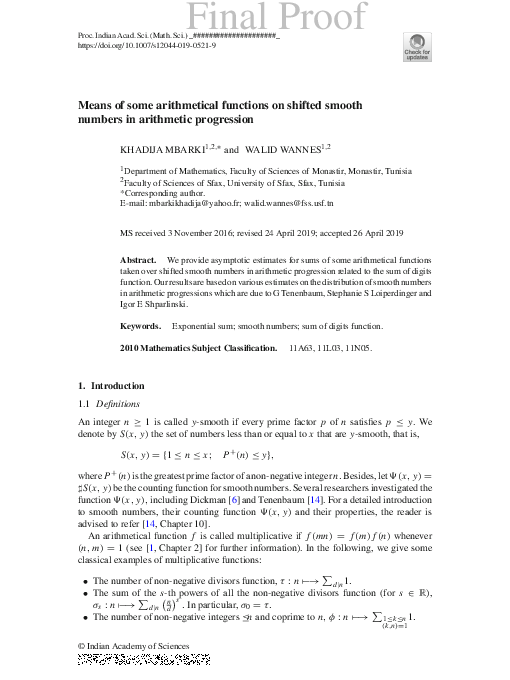 (PDF) Means of some arithmetical functions on shifted smooth numbers in arithmetic progression